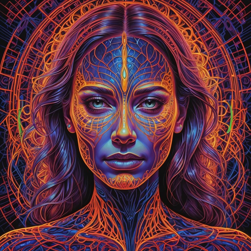 Polychromatic Neon blacklight line art portrait of a woman by Alex Grey ...