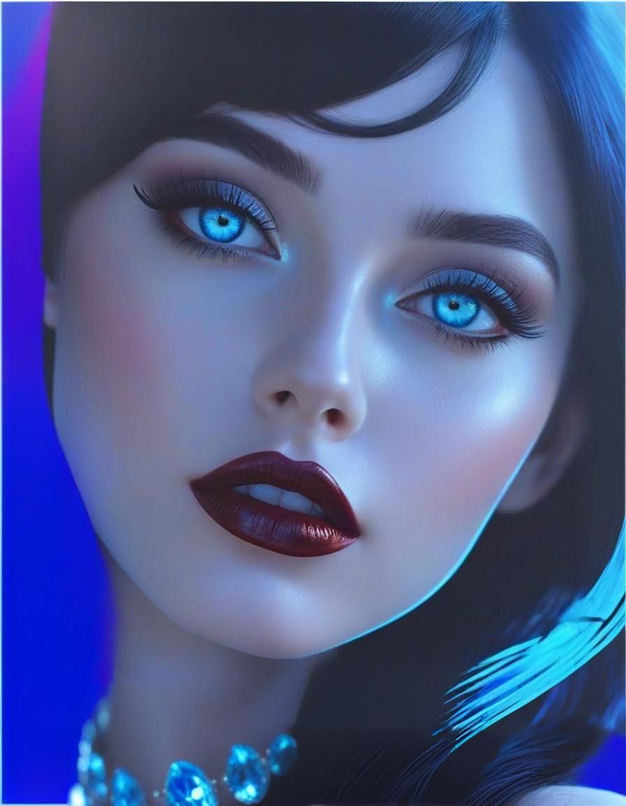 Flawless glossy beauty with long black hair with vibrant blue ...