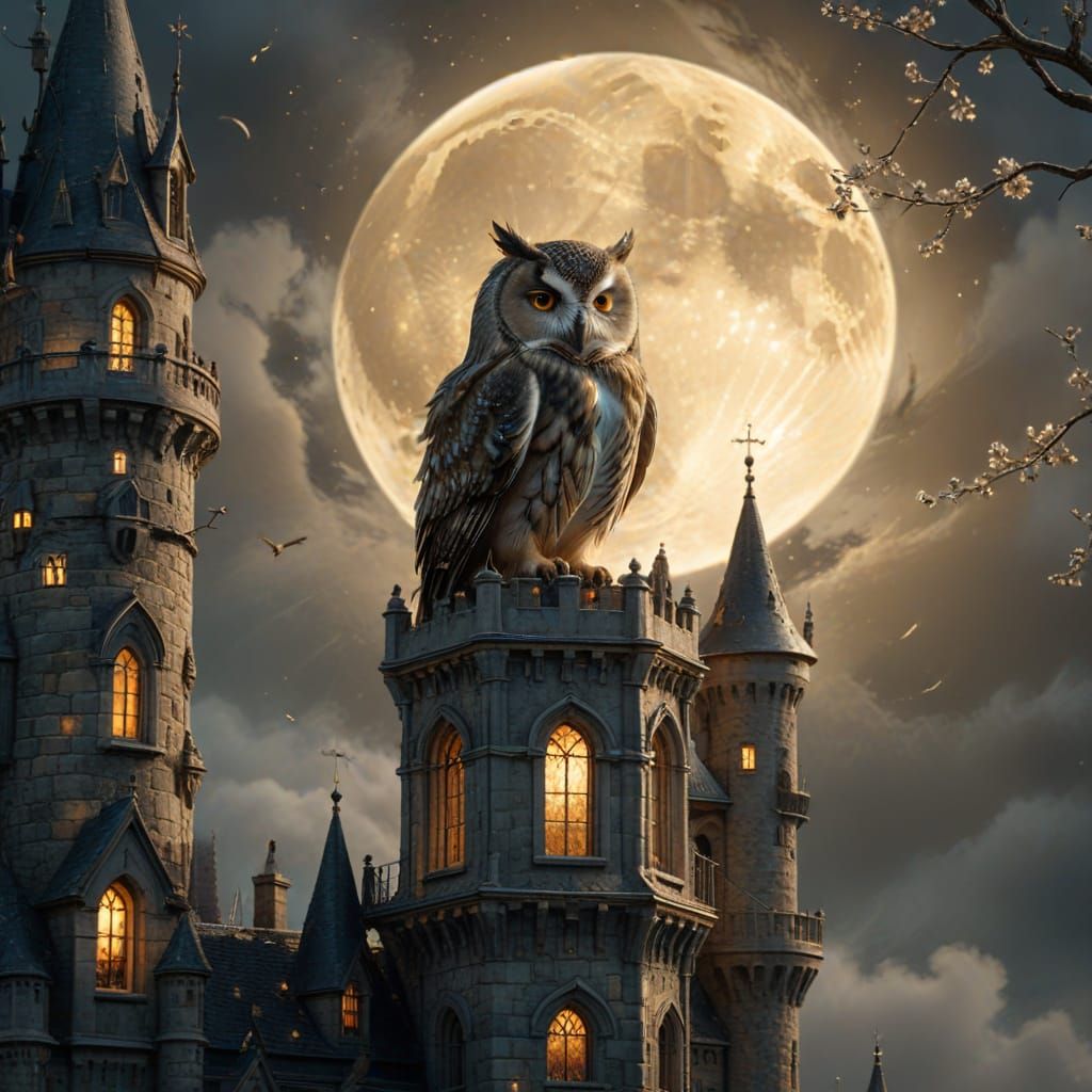 Owl castle tower with full moon - Whimsical Castle Scene Un...