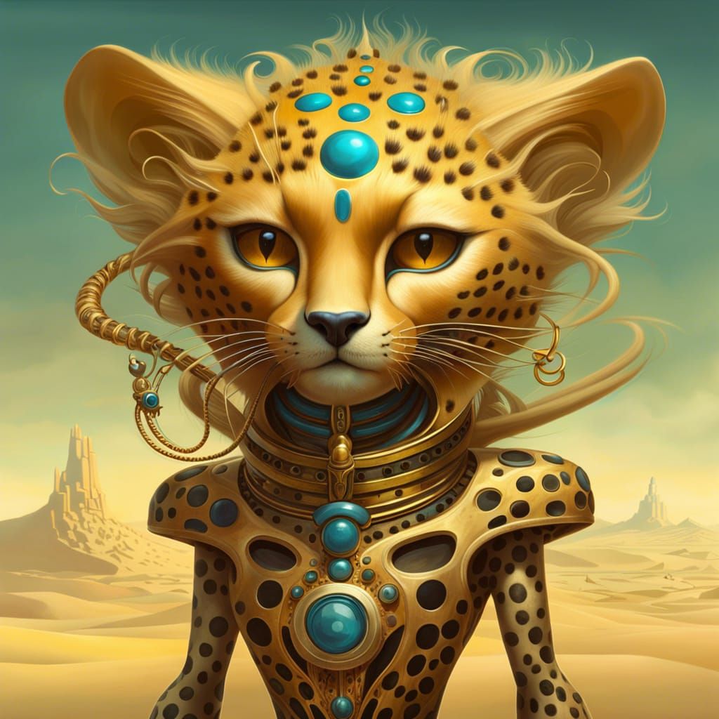 Metamorphic alien composed of cheetah, sand, curls, ethereal in the ...