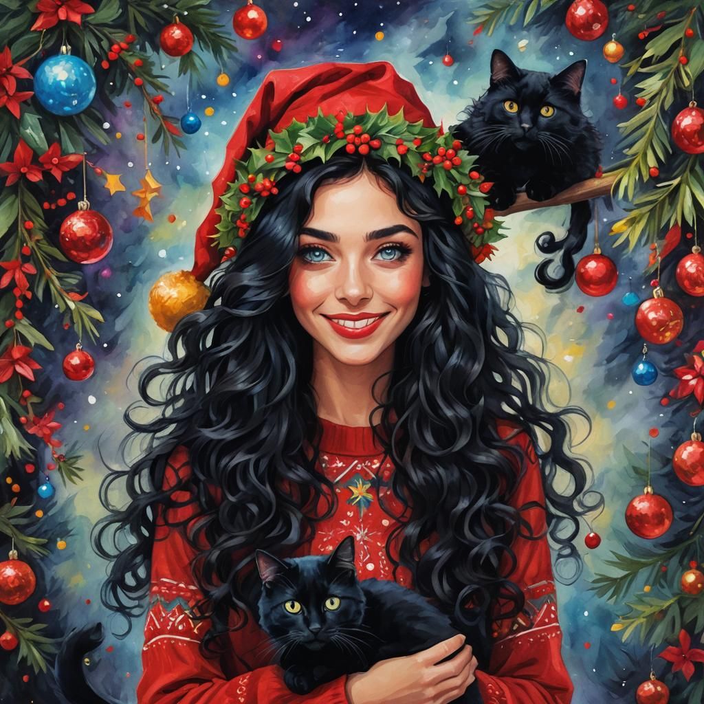 Young woman with blue eyes and olive skin with long black curly hair ...