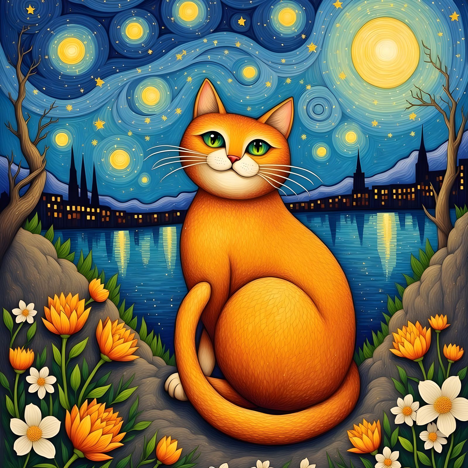 Van Gogh's Cat - Surrealistic Cat in Whimsical Van Gogh Styl...