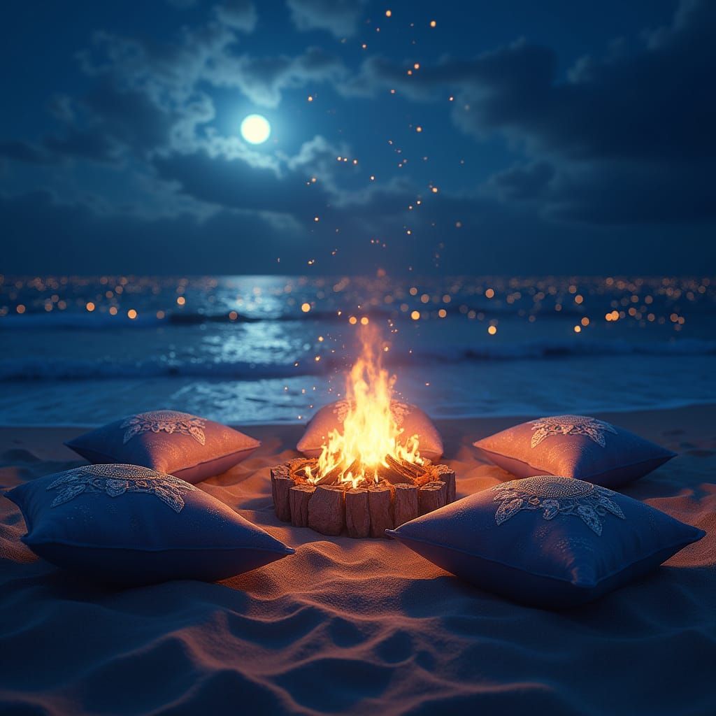 Moonlit Ocean Campfire with Jewelled Cushions and ... - AI Art