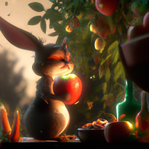 pixar style cute adorable devil rabbit, eating fruit, high detail ...