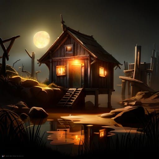 shack on the swamp with heavy fog all lite up detailed matte painting ...