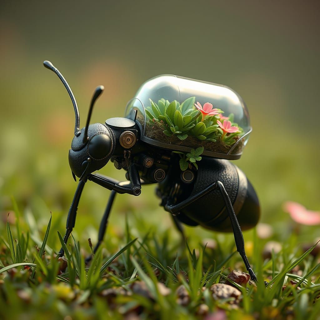 Cyber Steampunk Insect Robot Stands on Grass with ... - AI Art