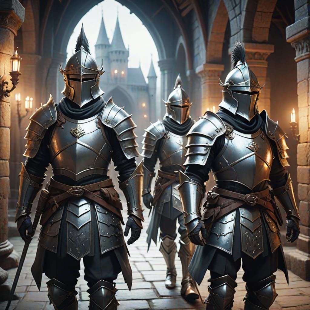 Medieval Guards in Silver Spiked Armor, Dark Fanta... - AI Art