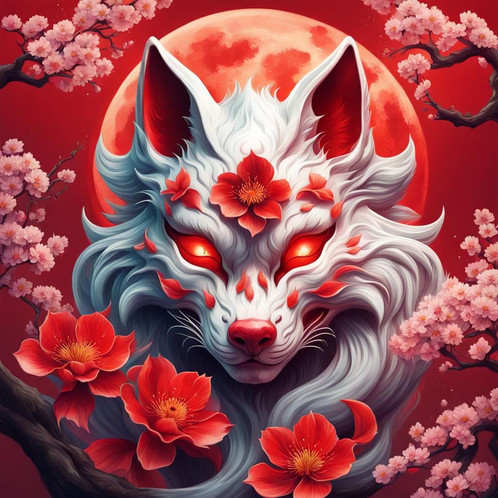 kitsune demon mask illustration, sakura red flower, moon - AI Generated Artwork - NightCafe Creator