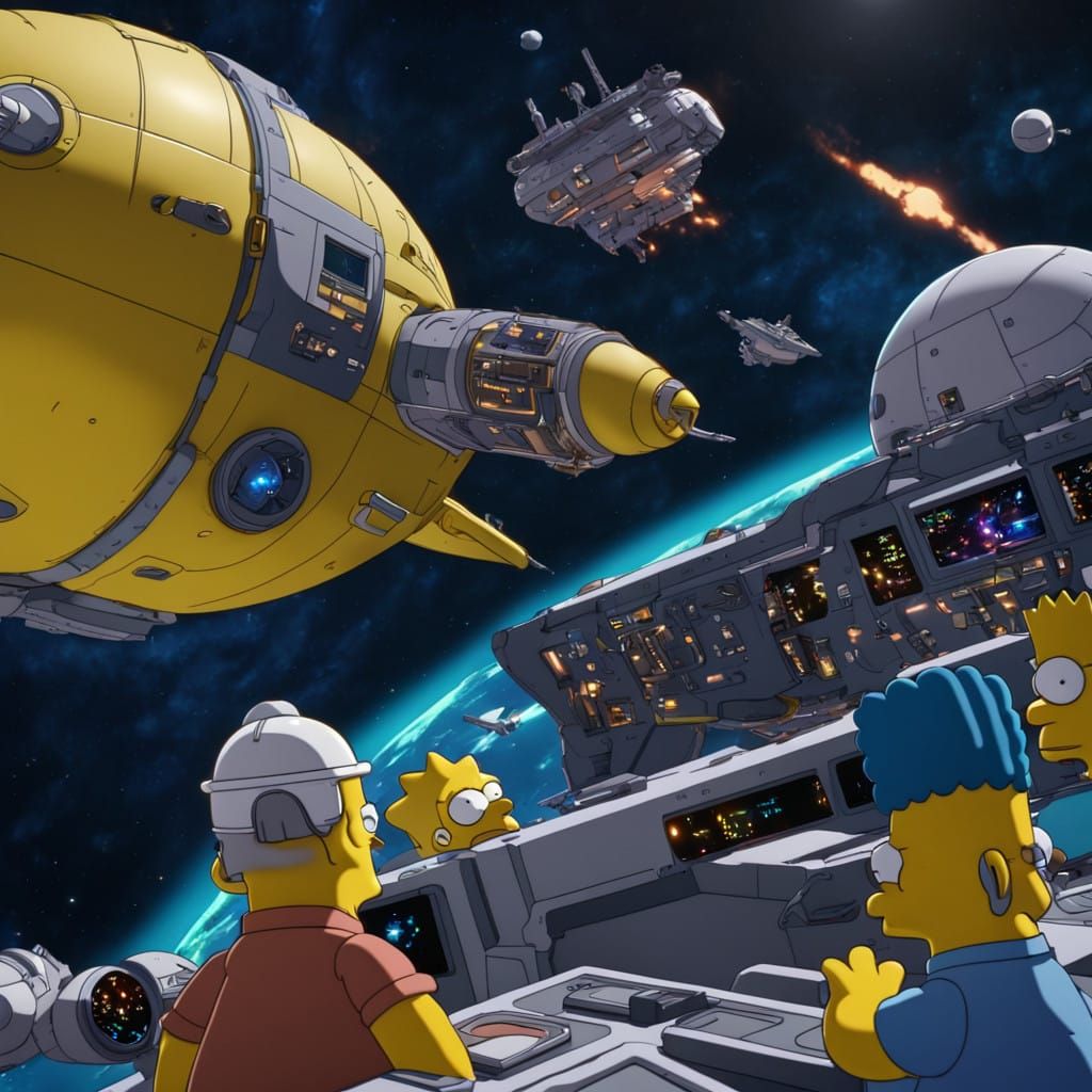 the simpsons looking at a futuristic multi ship docking port in outer ...