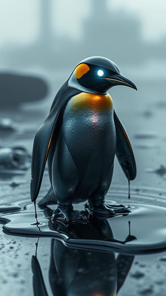 Biomechanical Penguin Hybrid Basks in Neon Oil Poo... - AI Art