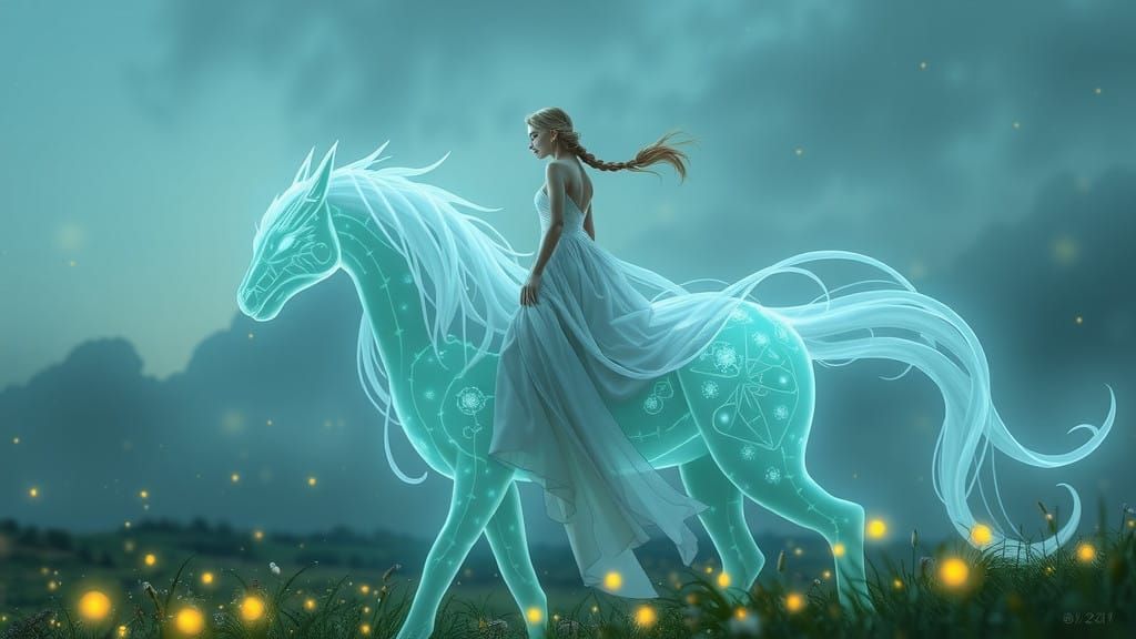Enchanted Maiden Rides Glowing Creature in Whimsic... - AI Art