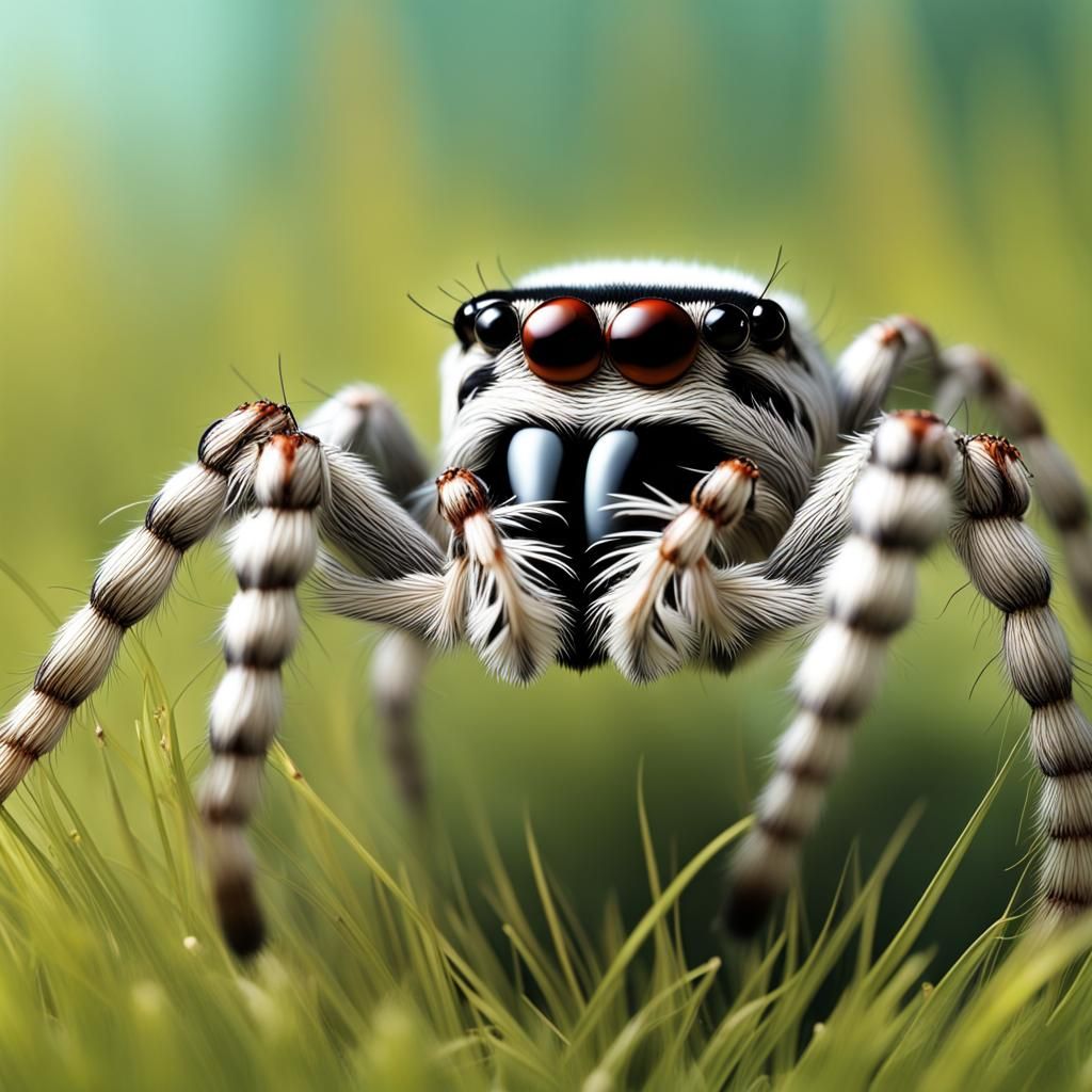 Seeing a prey in a grass field, jumping spider's perspective, 3D, sharp ...