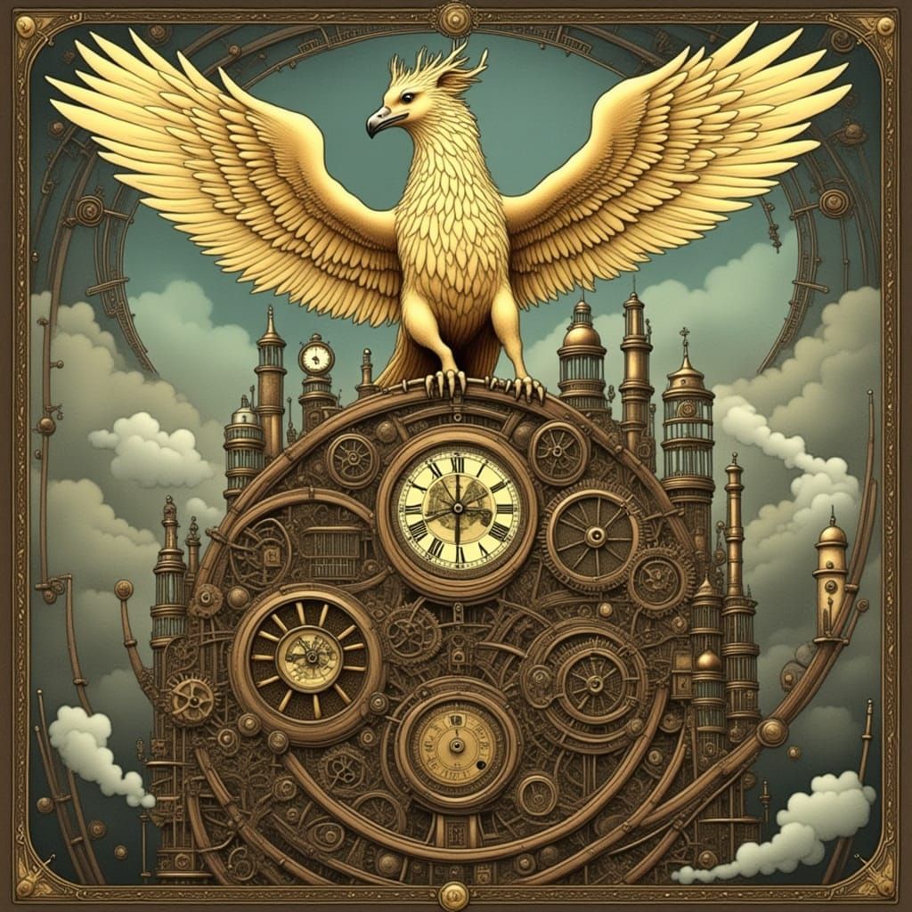 Majestic Griffin Soars Above Art Nouveau Clockwork... - AI Art
