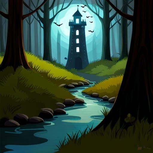 Colored pencil illustration, a ruined tower half visible through a ...