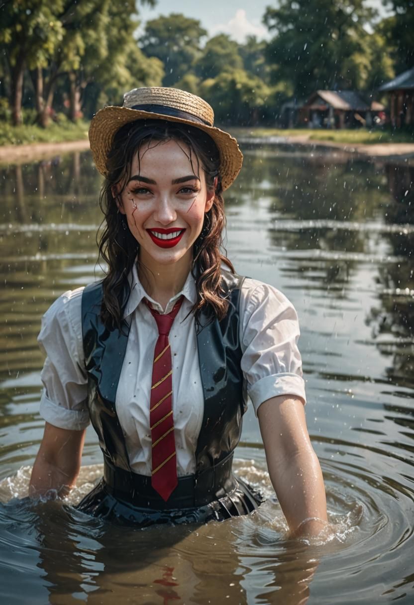 photo-realistic image of glamorous woman with red lipstick, wearing wet school uniform, straw ...