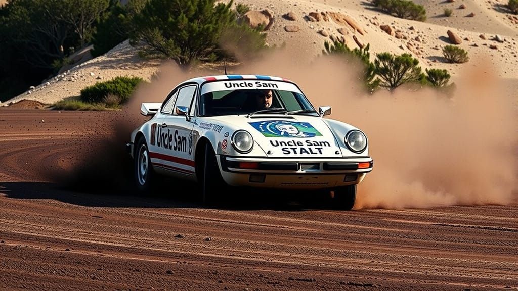 Rally car wrapped in "uncle son" artwork