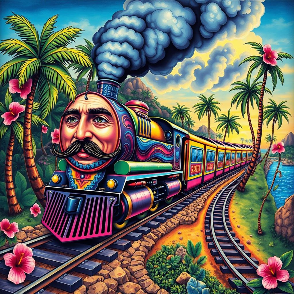 Psychedelic Locomotive on Escher-Style Island in F... - AI Art