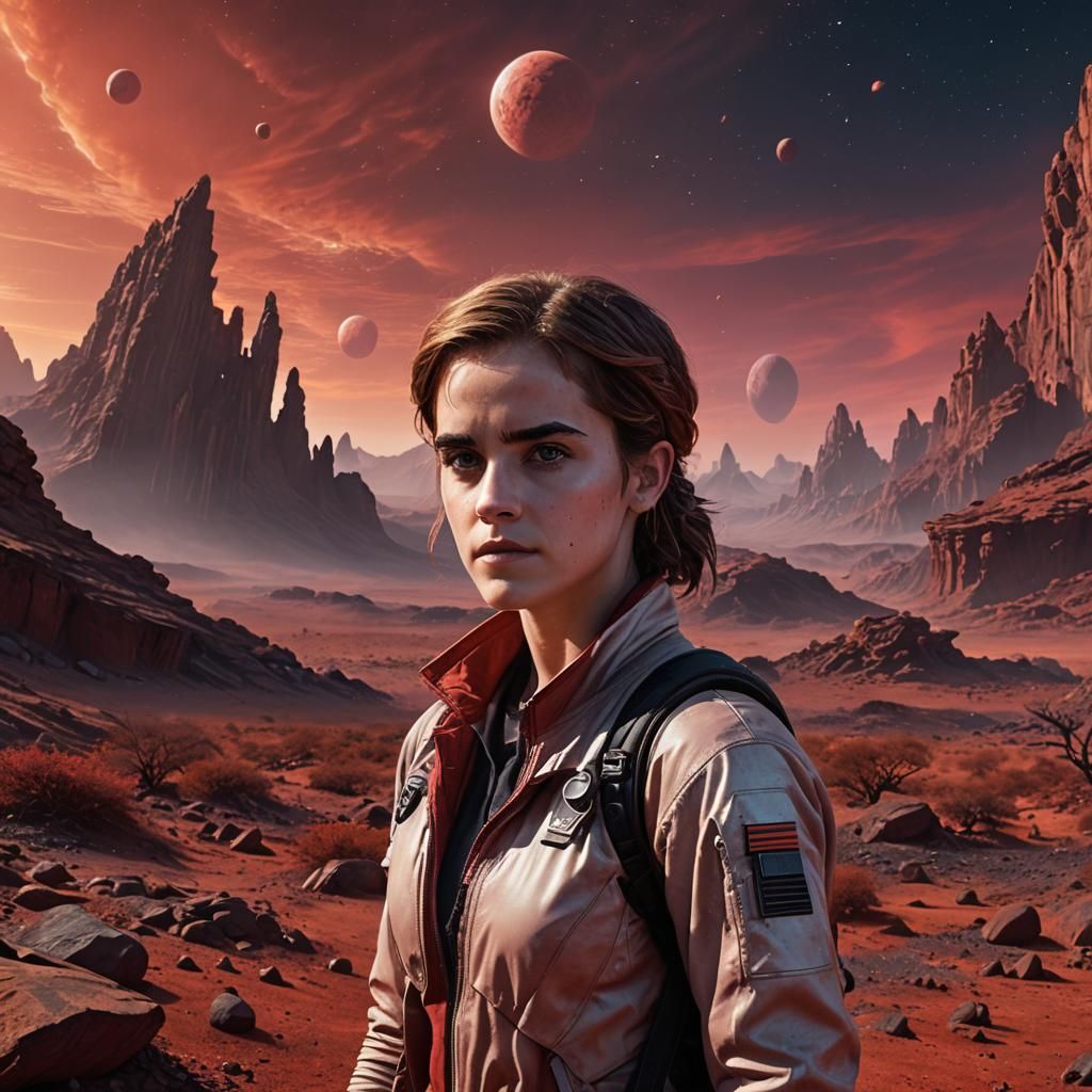 young lovely Emma Watson on a alien planet. red tinted sky. three moons ...