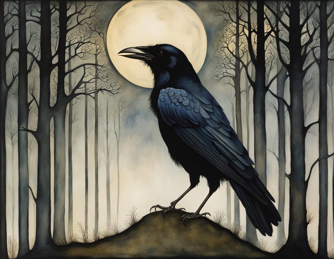 Crow! in a forest, moonlight, art of Jackie Morris, Jan Mankes, Arthur ...