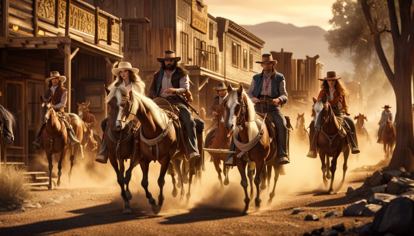 A gang of cowboys and cowgirls riding into a stage coach town - AI ...