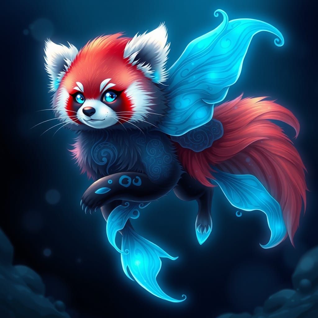 Hyll - Celestial Aquatic Red Panda in Vibrant, Glowing Color...