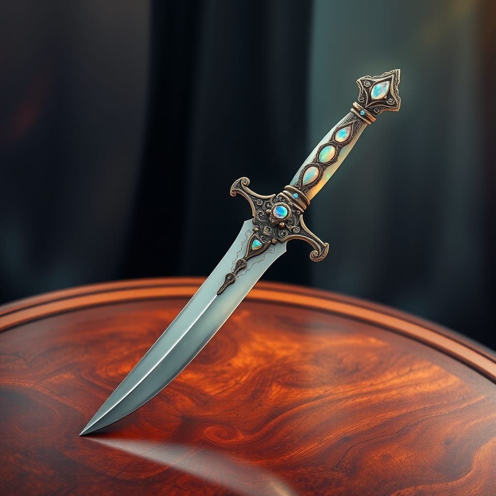 Mystical Dagger of Opal and Crystal on Wooden Tabl... - AI Art