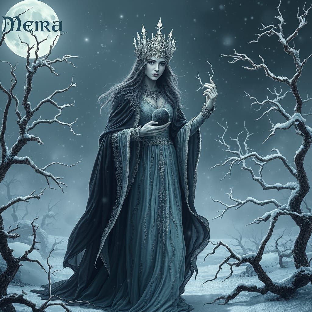 Winter Goddess Mara in Frosty Landscape with Skele... - AI Art