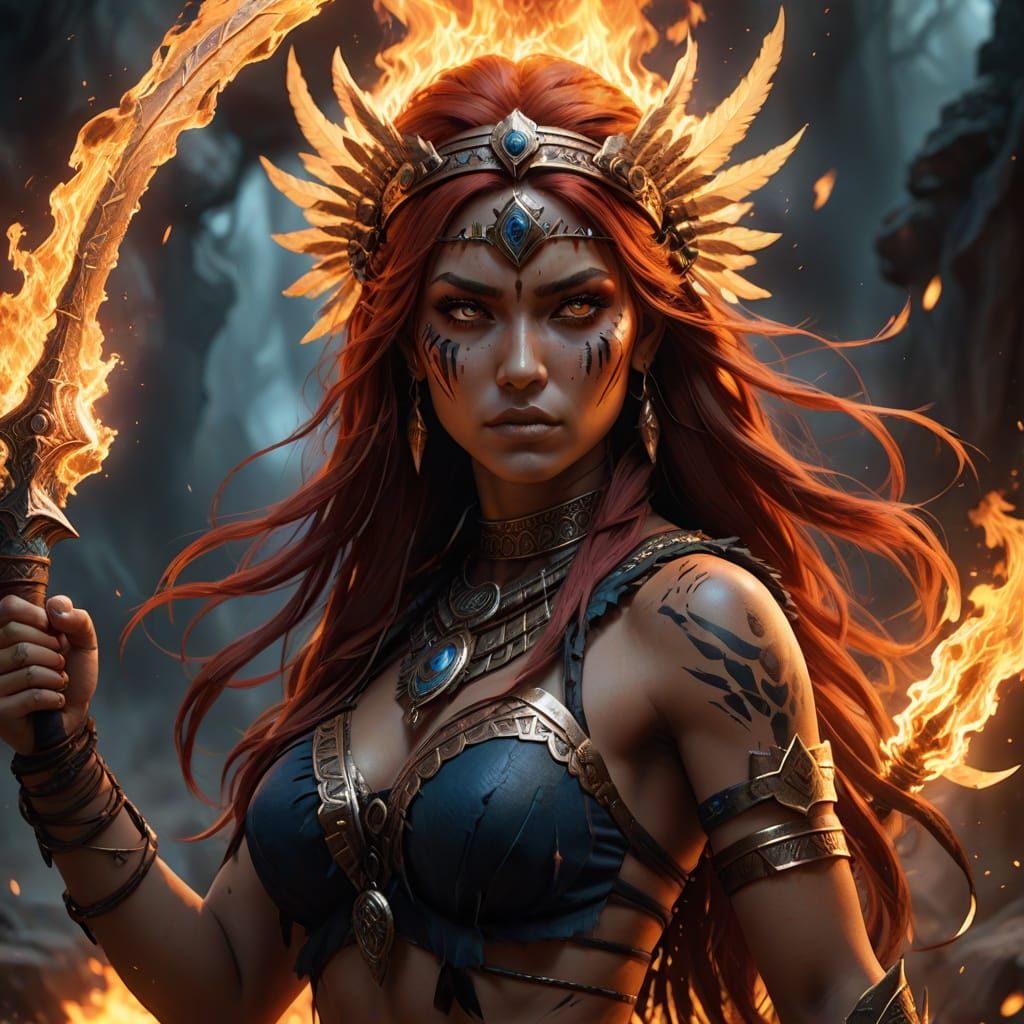 American Indian Goddess in Fiery Bikini, Sword and... - AI Art