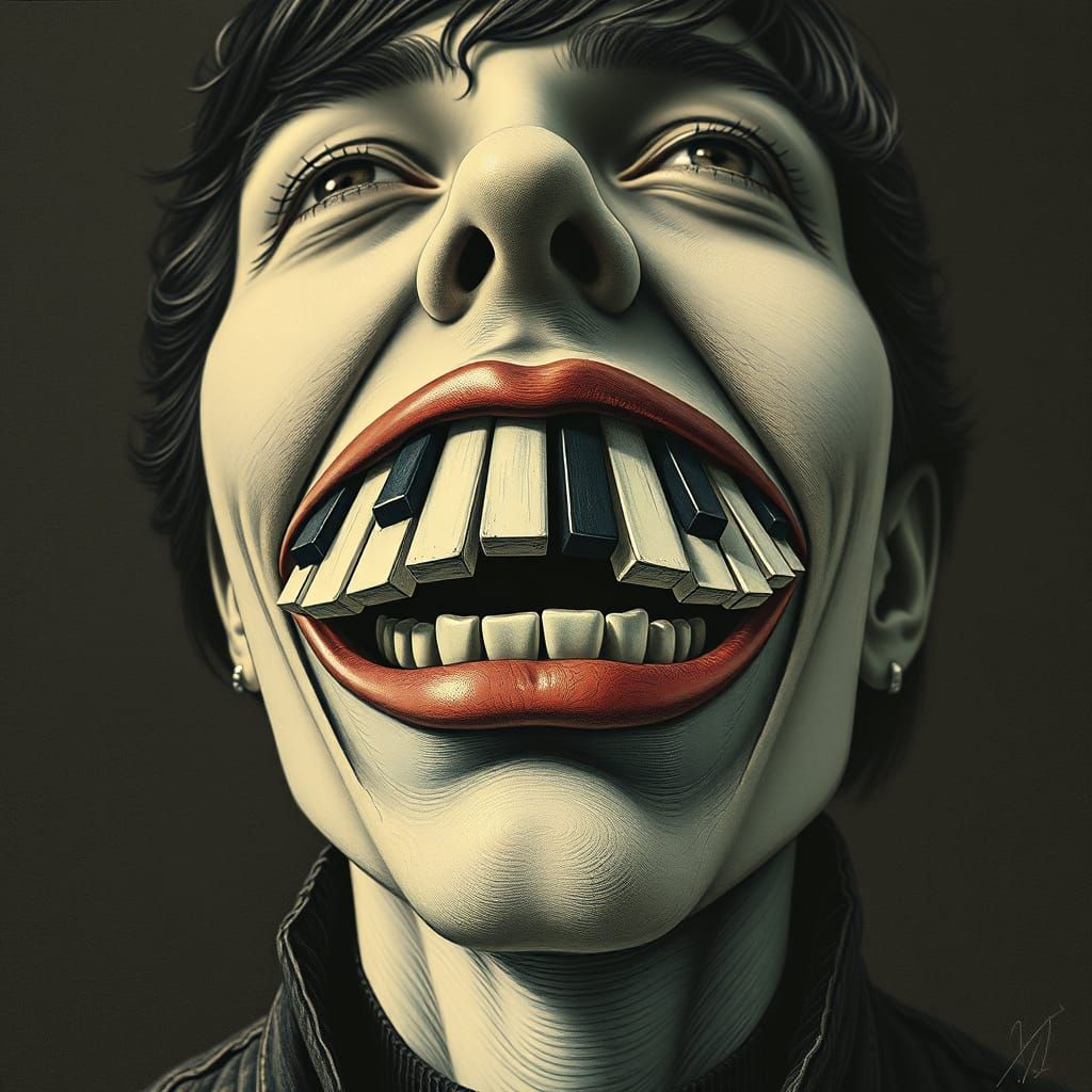 Piano teeth - Surreal Portrait of a Person with Piano Key Te...