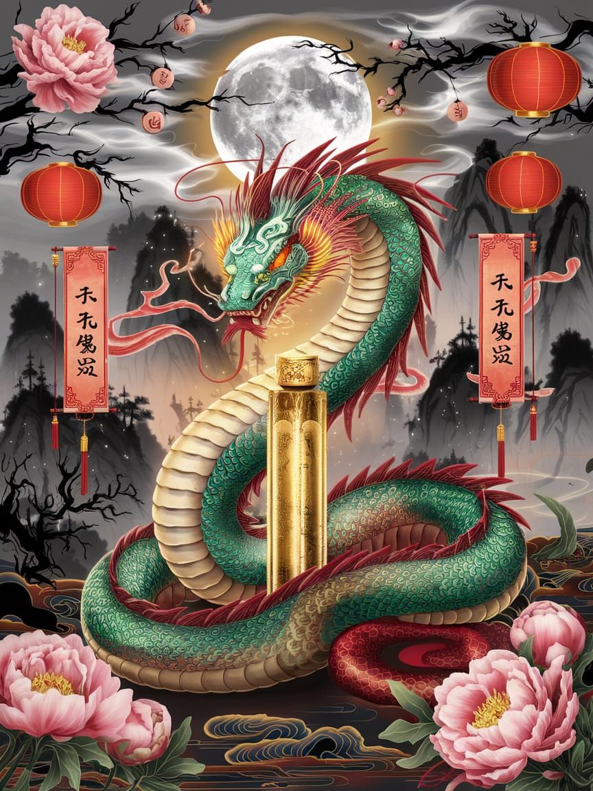 Majestic Chinese Dragon-Snake Hybrid Amidst Golden... - AI Art
