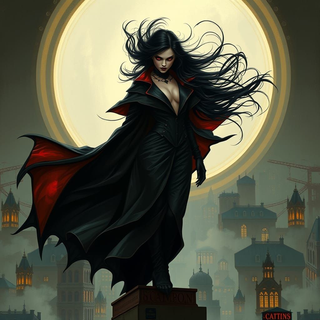 Ethereal Vampire Sails Gotham Skies - AI Art