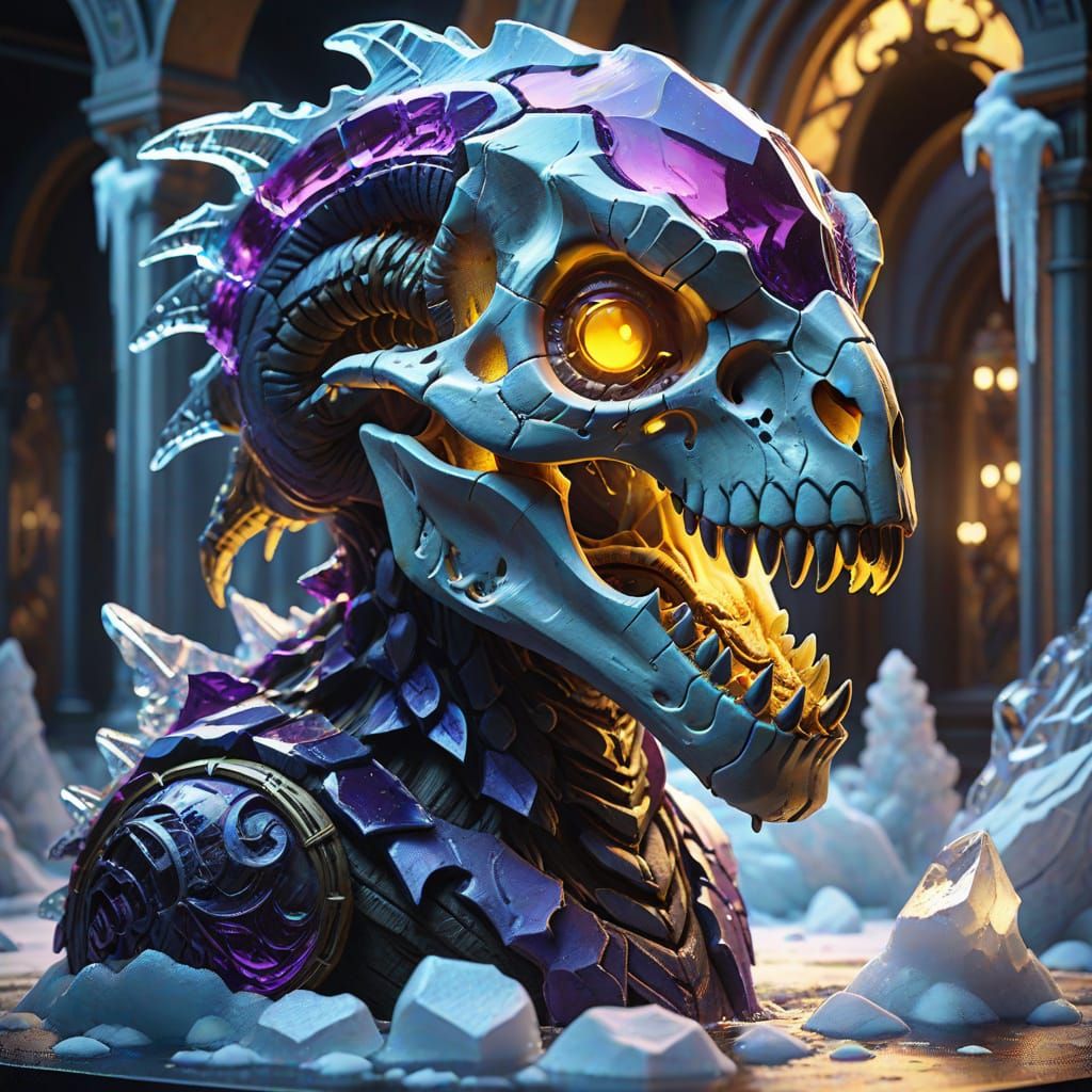 Majestic Frozen Jurassic Raptor Skull in Vibrant I... - AI Art