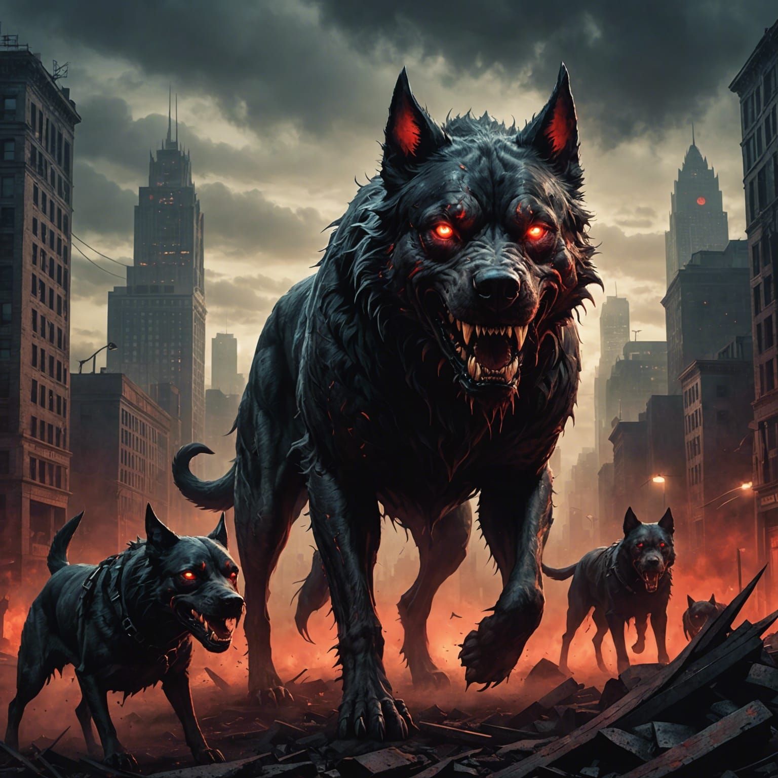 A terrifying digital illustration of a monstrous dog with glowing red ...