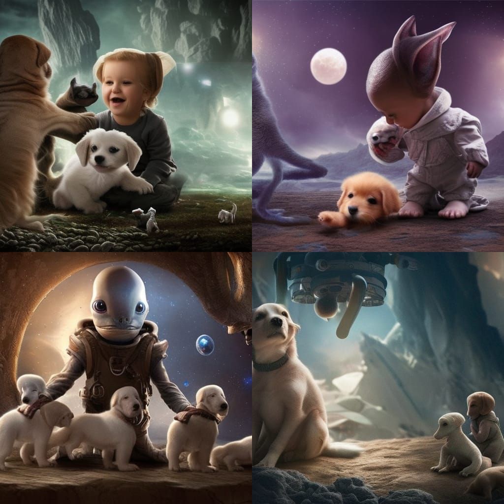 Cutest little alien plays with puppies - AI Generated Artwork ...