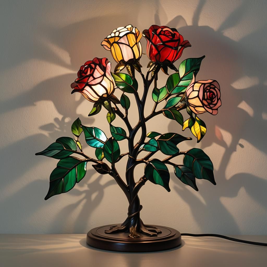 Stained glass desk lamp in shape of rose, bush, leaves, colors, detail ...