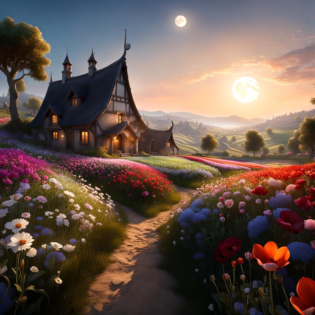 Diverse Flower Fields In a Country Village. - AI Generated Artwork ...