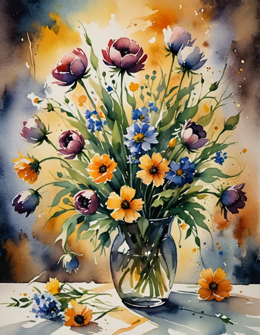 Loose, flowy and atmospheric watercolor painting with flowers