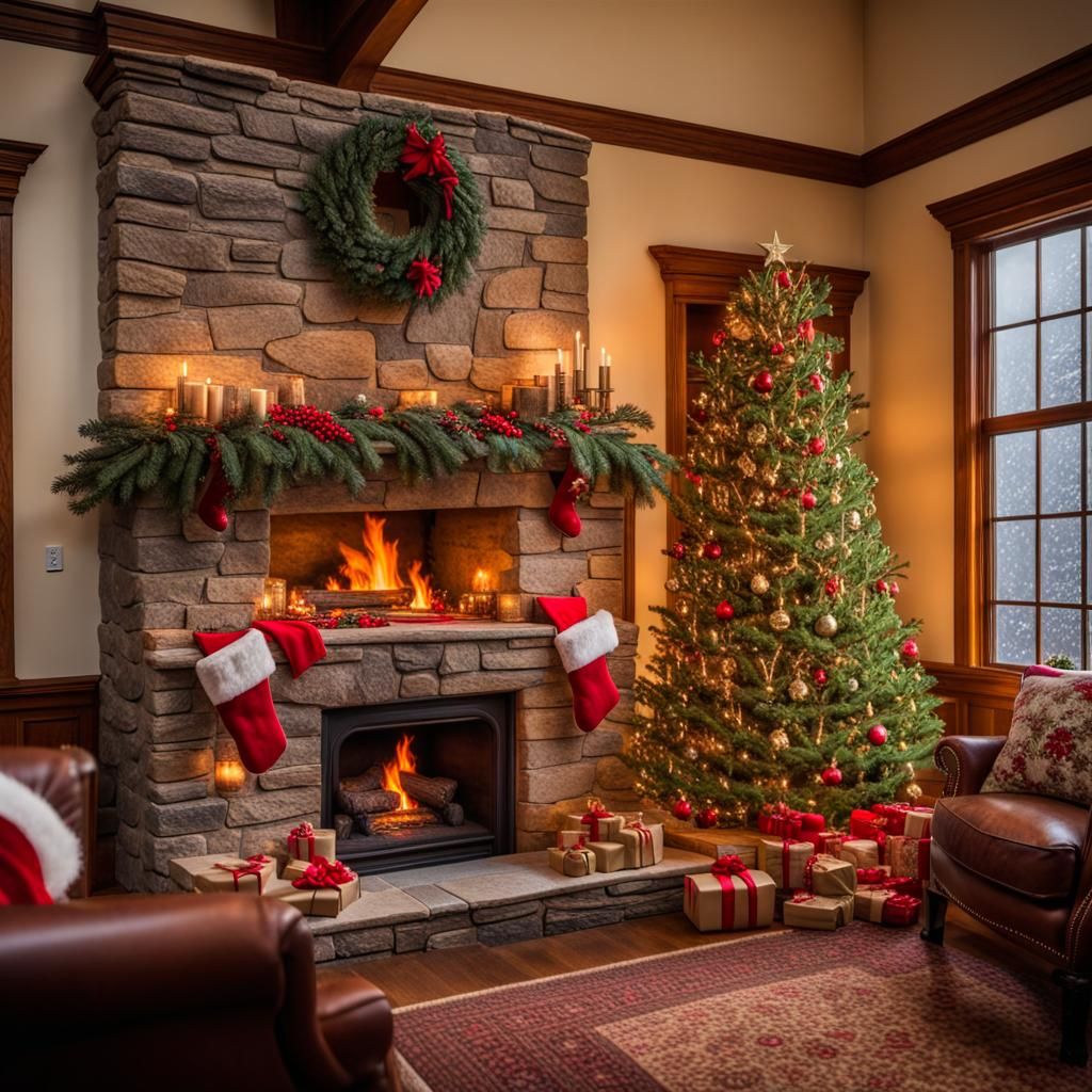 A Christmas yule log in the fireplace, the great room decorated for ...