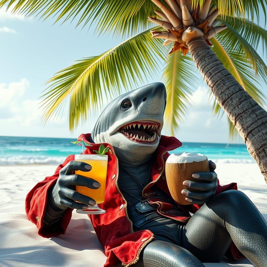 Hyper Realistic Shark Pirate Captain Relaxing on T... - AI Art