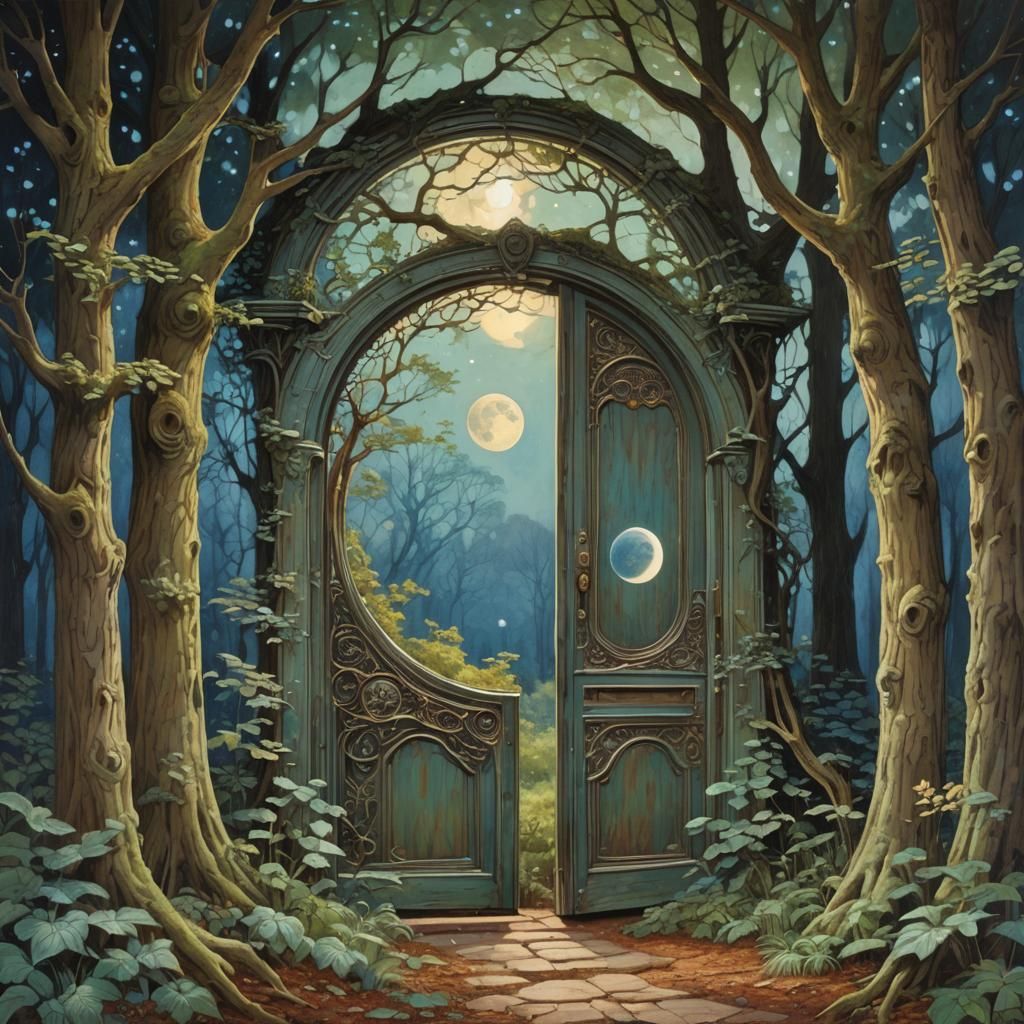 art nouveau celestial moon door in the woods - AI Generated Artwork ...