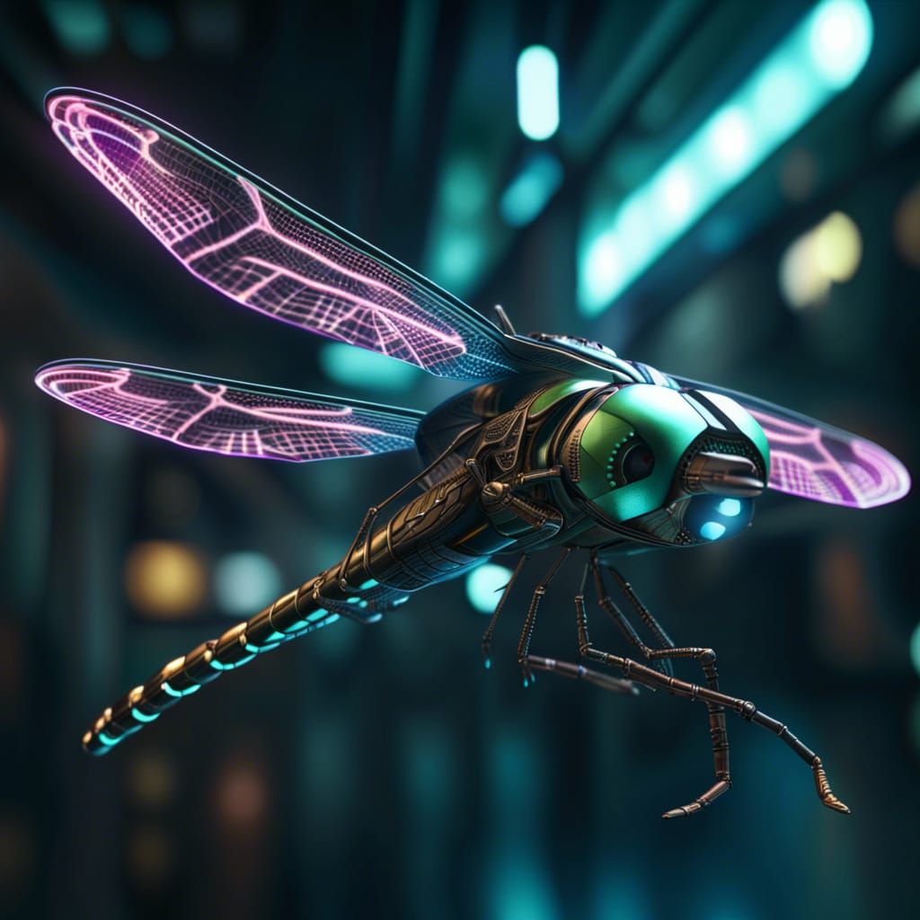 A personified cyberpunk dragonfly in flight. Full body visible. Ultra ...