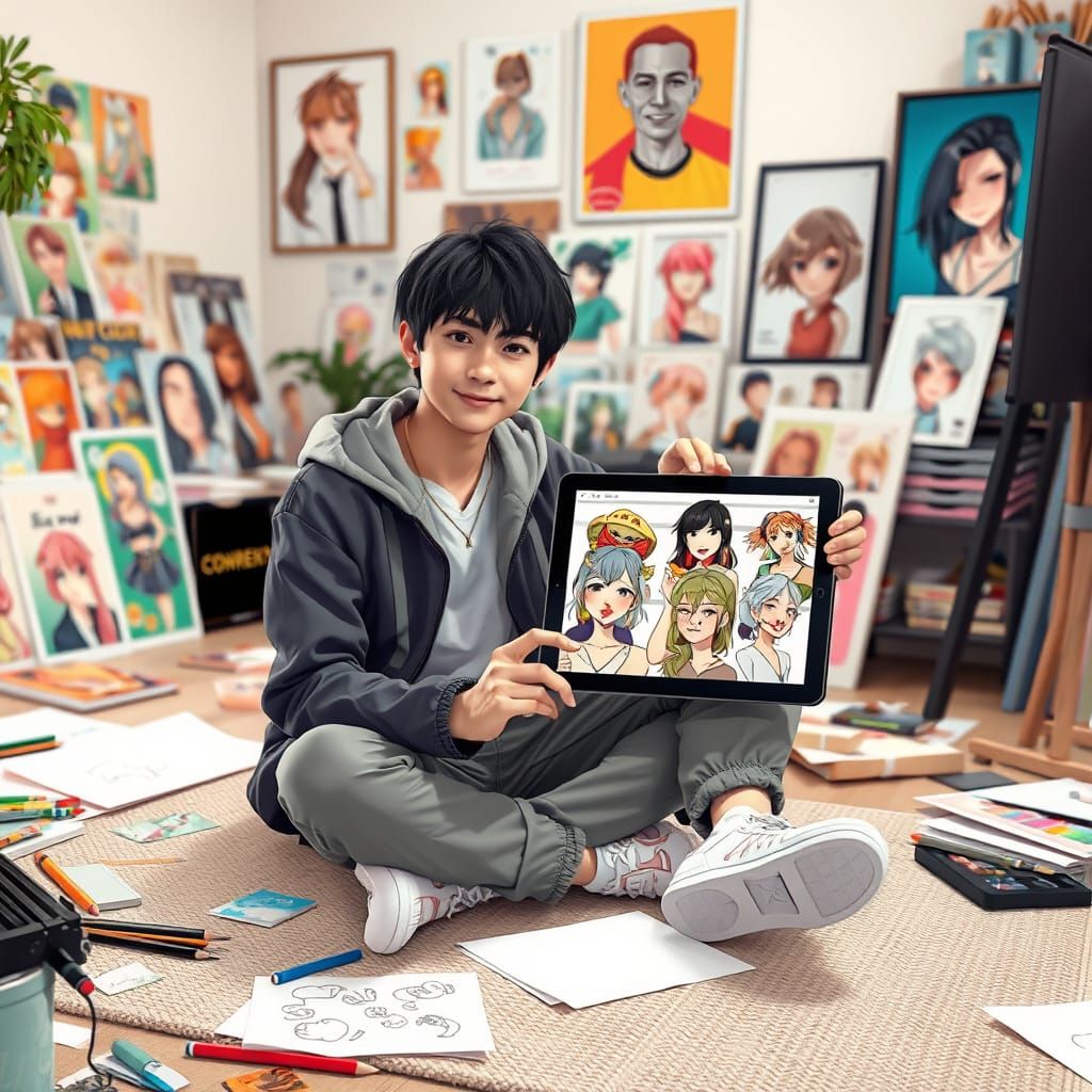 Young Artist Surrounded by Vibrant Anime Portraits... - AI Art
