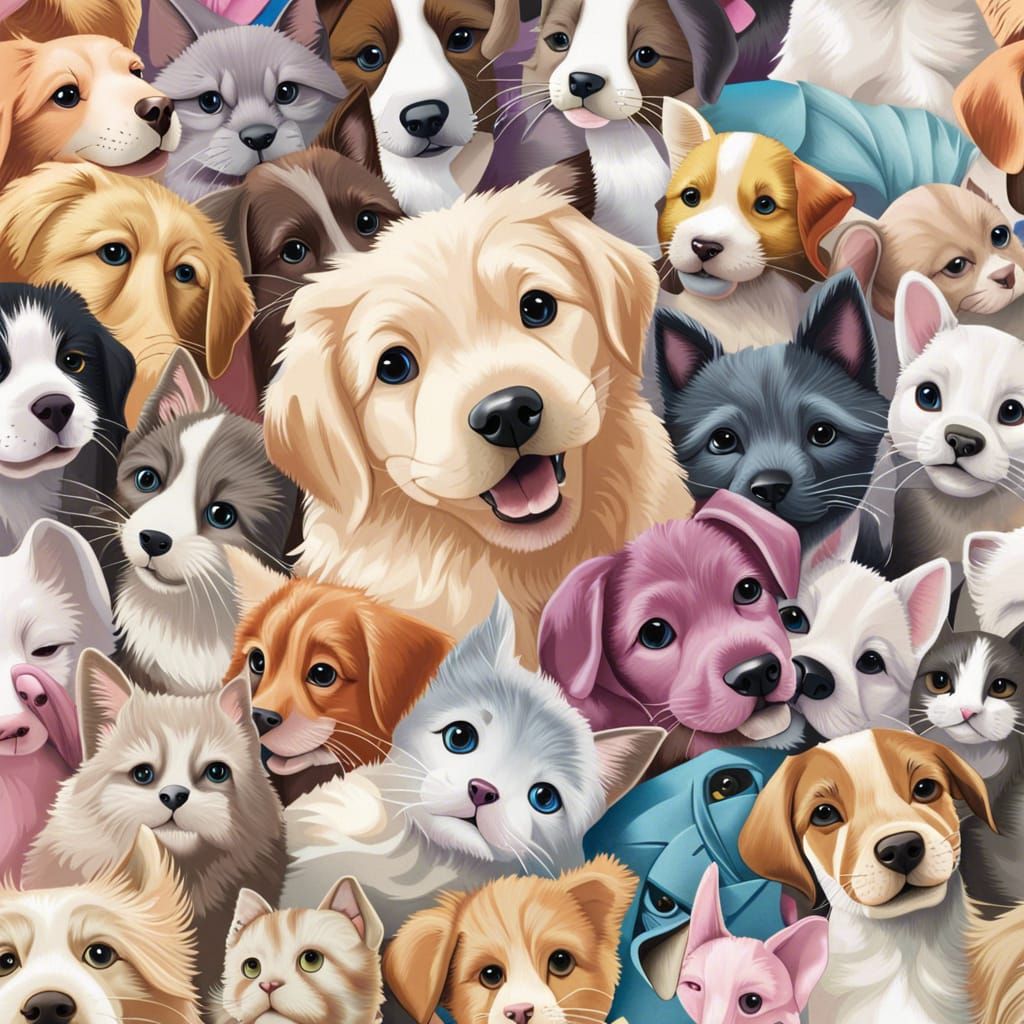 Cute little puppies and cats crowded, dogs, doggies, group photo, faces ...