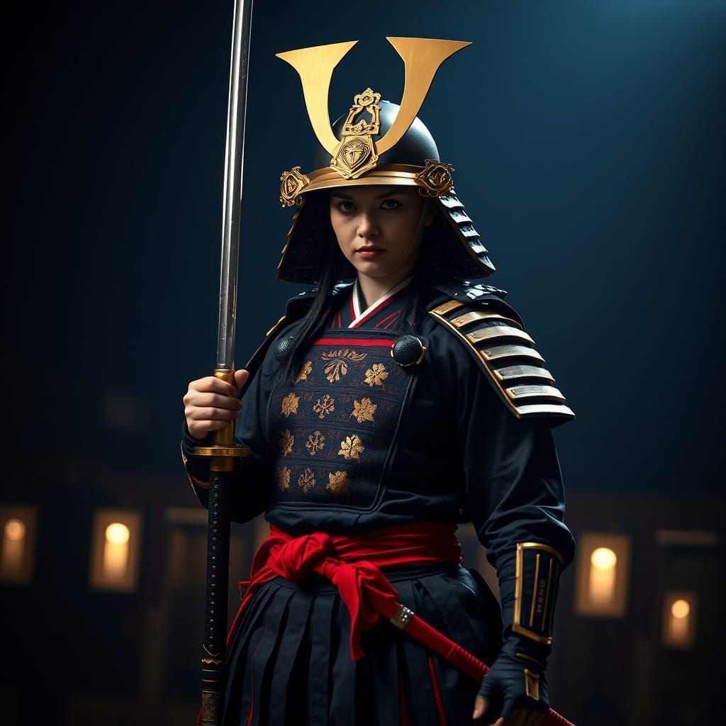 Epic Samurai Maiden in Golden Armor - AI Art