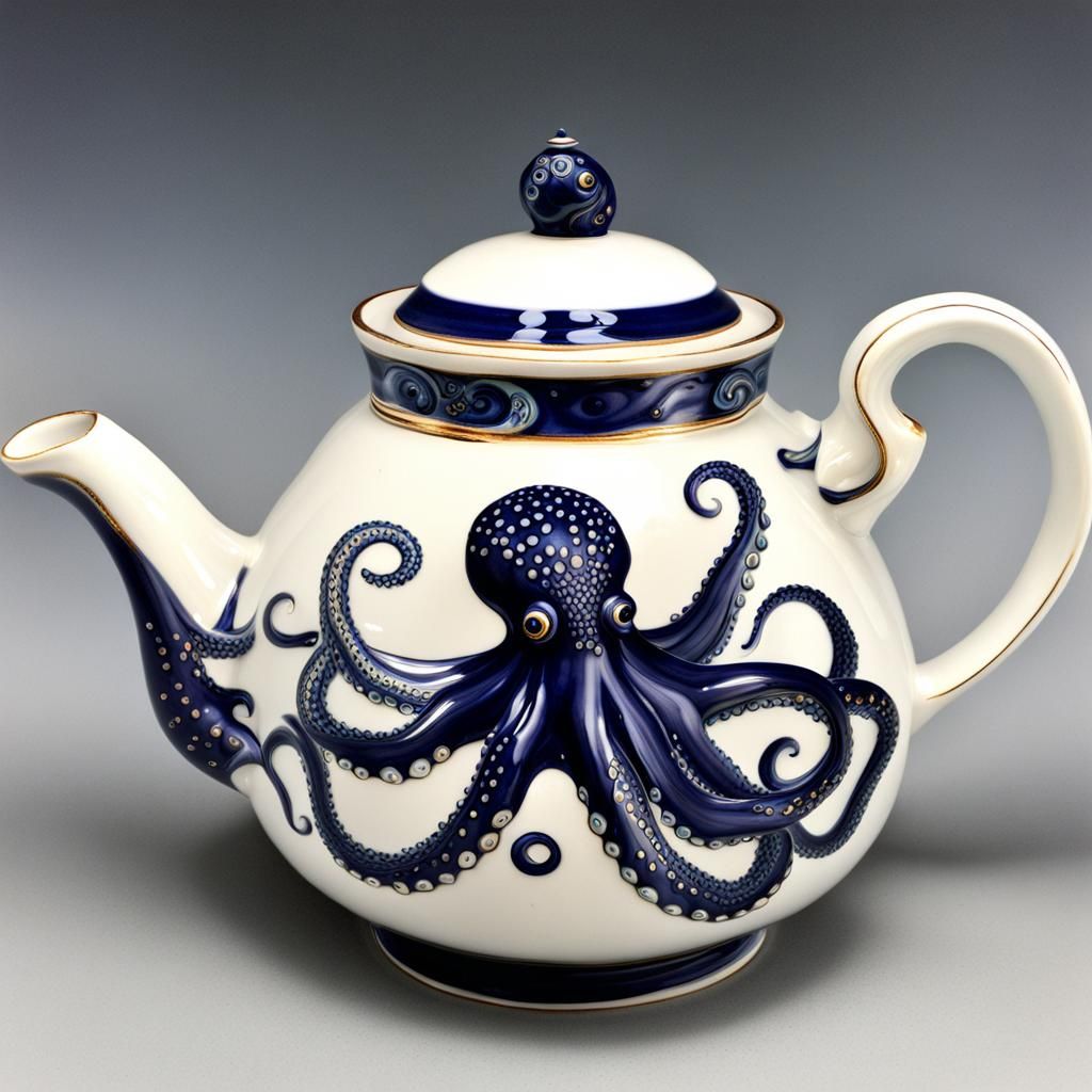 A teapot in the shape of an octopus, porcelain ornament, Staffordshire ...
