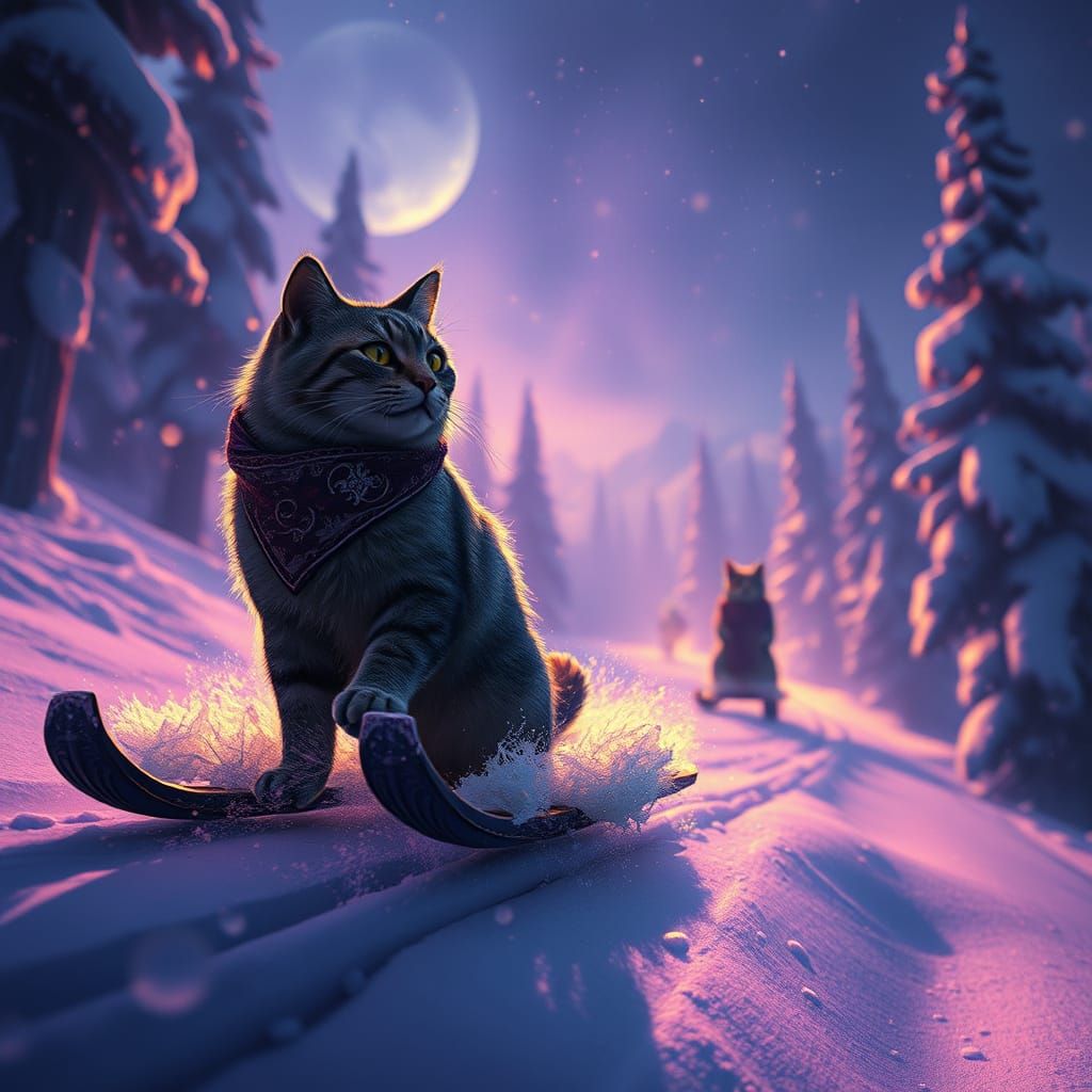 cat sledding - Cyberpunk Feline Adventurer Rides the Dark Fa...