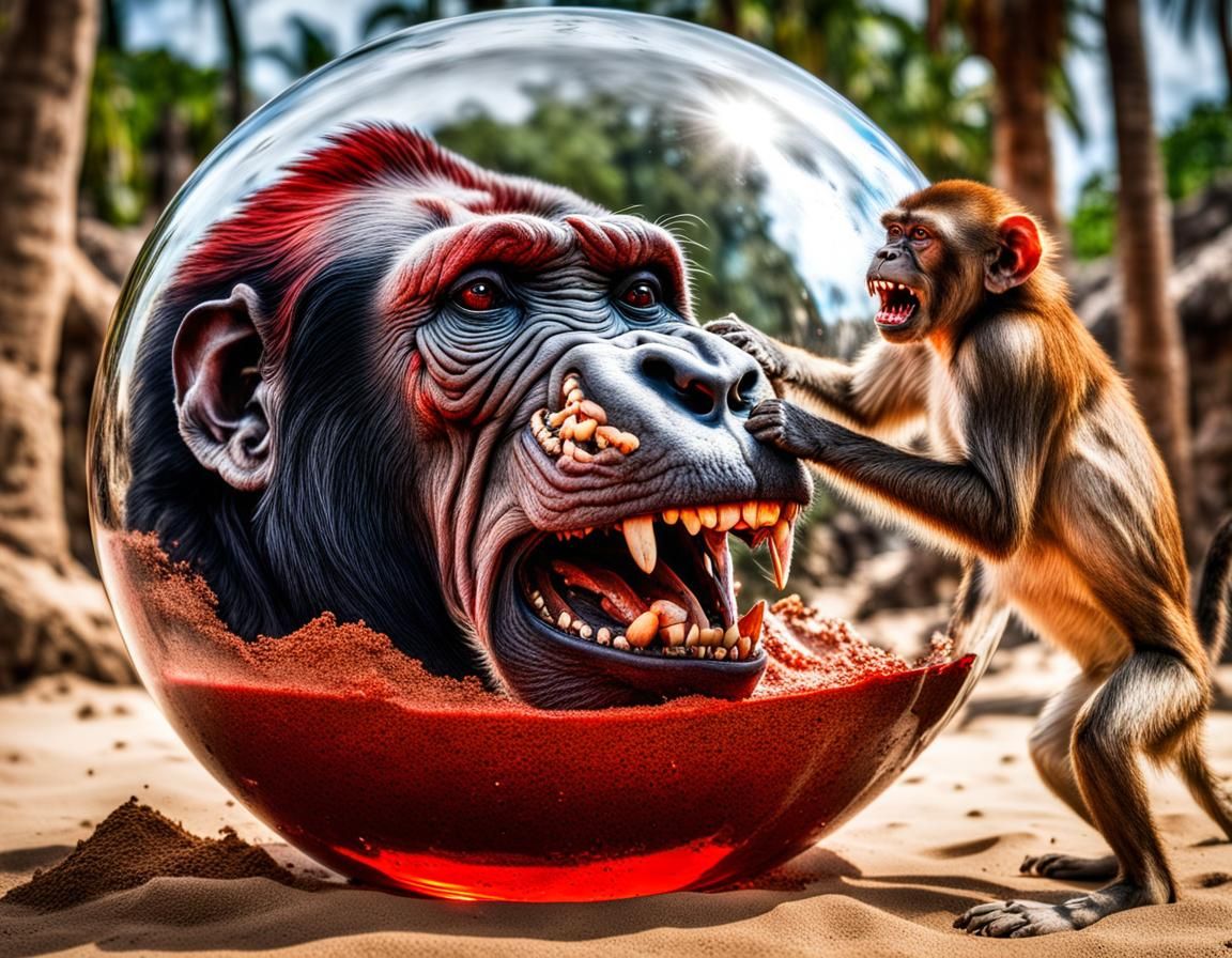A vicious big dog baring its teeth at a monkey. They are inside a glass sphere filled with red ...