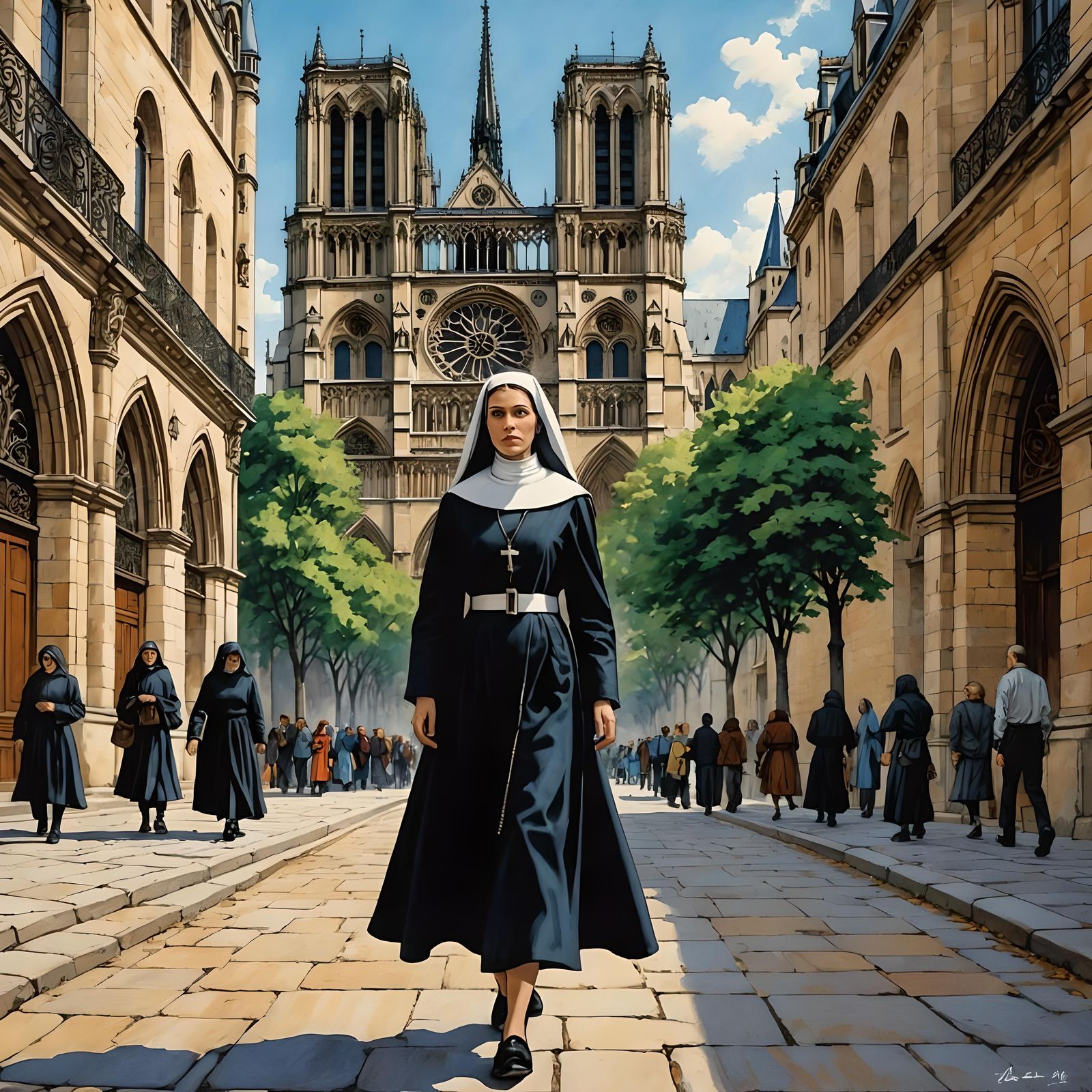 A beautiful nun walking in front of Notre Dame cathedral. - AI ...
