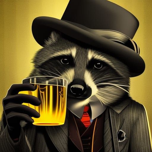 Gangster raccoon, wearing a sharp suit and fedora, sipping whiskey - AI ...