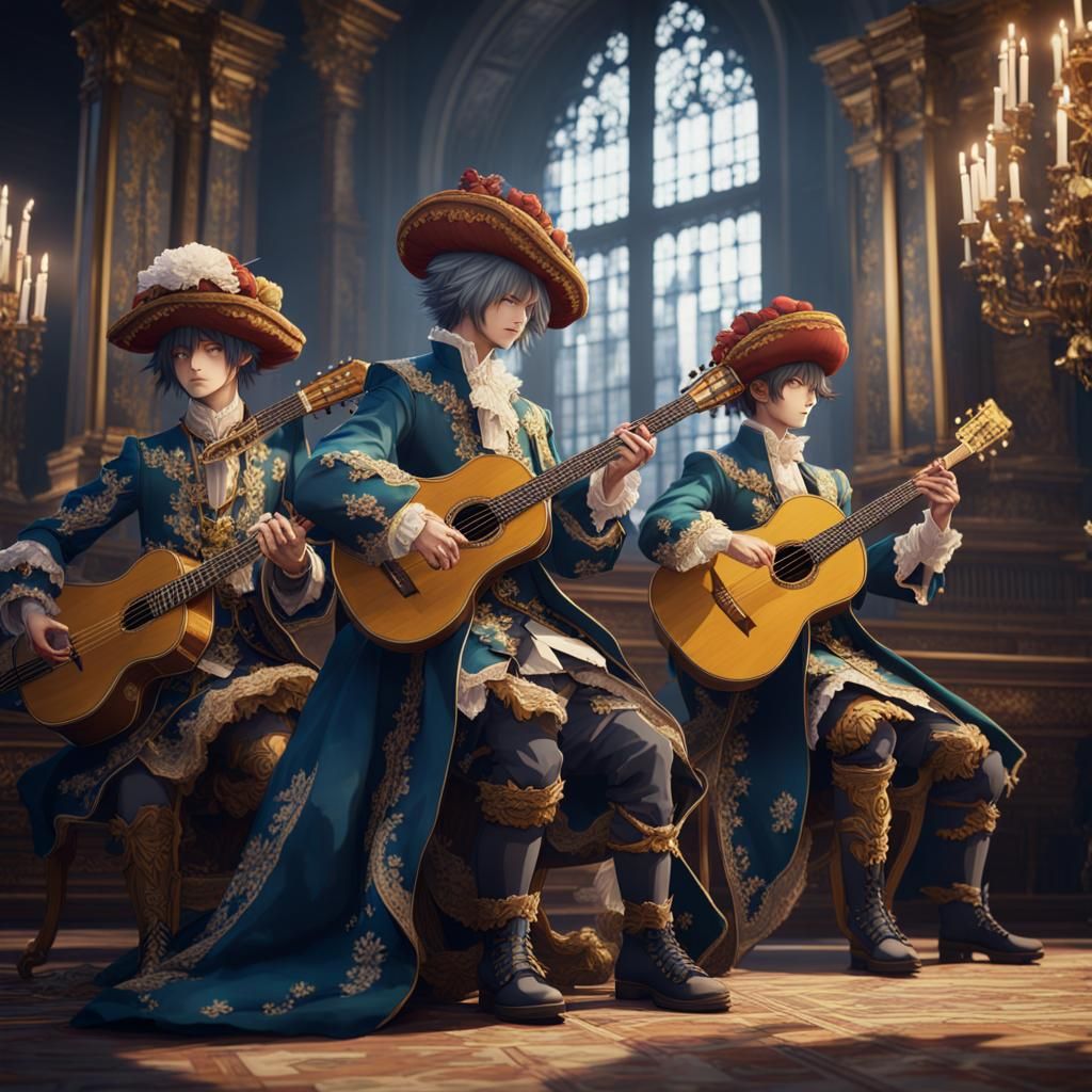 anime characters dressed in clothing from the baroque era make music ...